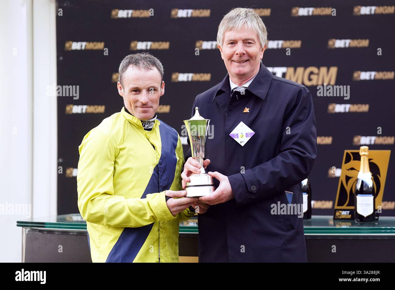 Jockey Sean Flanagan (left) and trainer of horse Marine Nationale ...