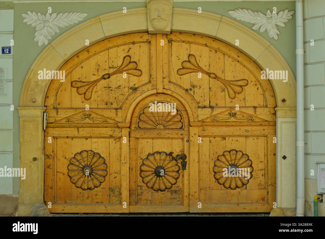 Details of a wooden door in Transylvania with engravings with ...