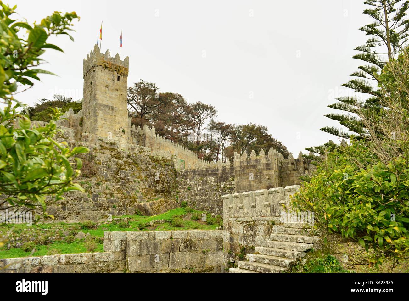 Detail of the wall and tower of the fortress of Monte Boi in Baiona ...