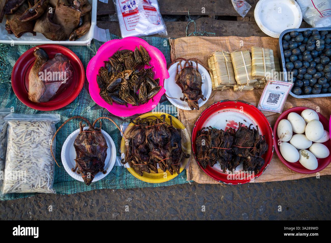 Luang Prabang market food, Laos. Exotic delicacies, local cuisine Stock ...