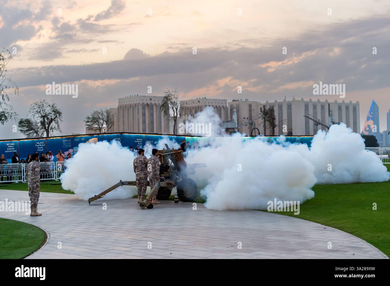 Qatar Armed Forces fire the cannon in Old Doha Port Park to signal ...