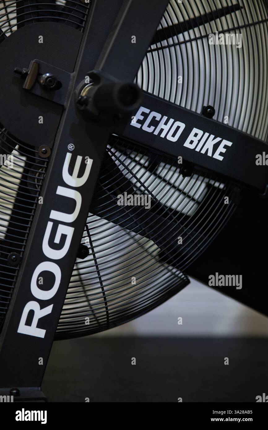 A Rogue bike fan is turned on. The fan is black and white. The fan is ...