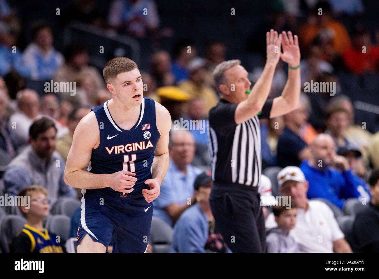 March 12, 2025: Virginia Cavaliers guard Isaac McKneely (11) hits a ...