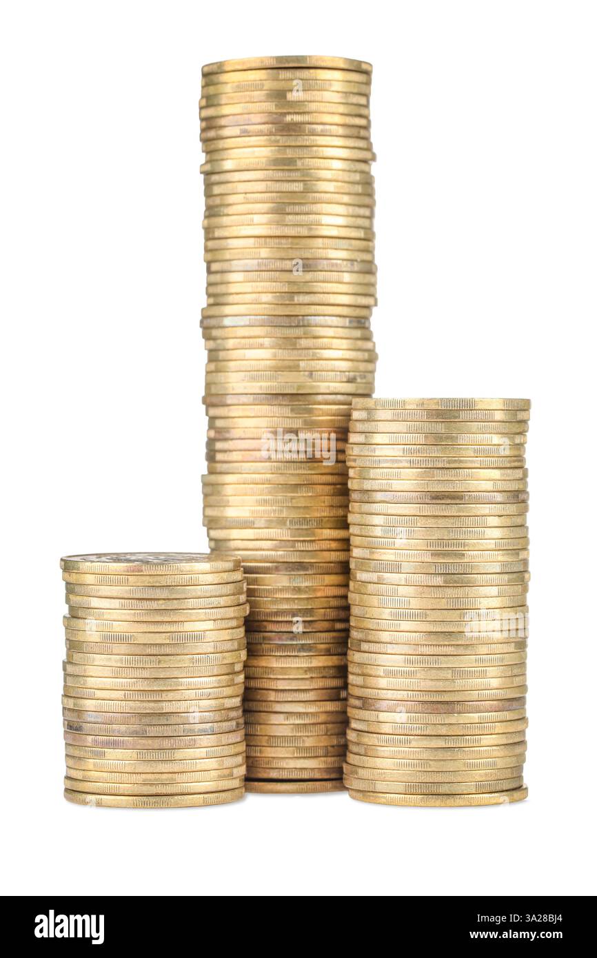 Stacks of golden coins isolated on white Stock Photo - Alamy