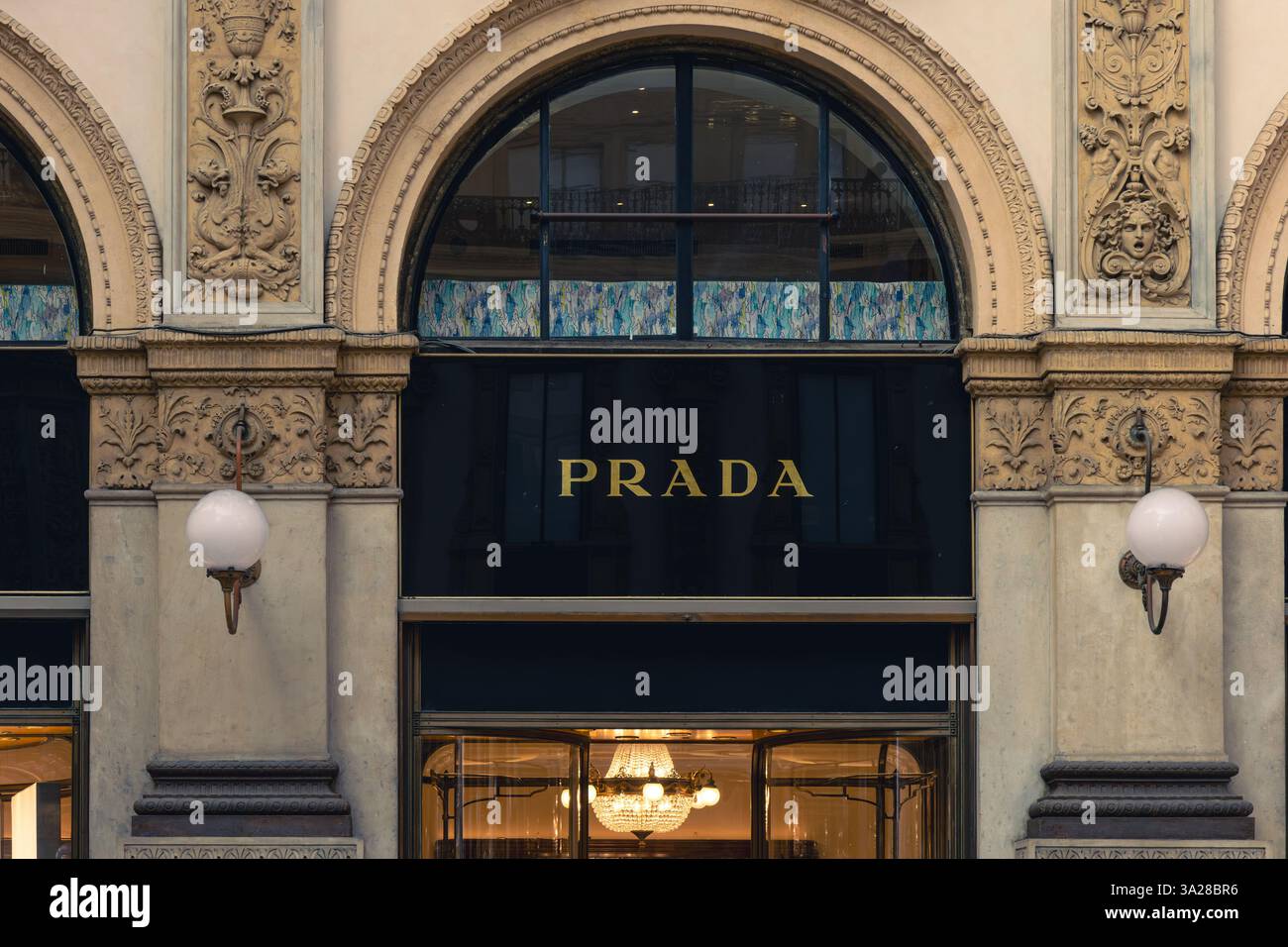 Milan, Italy. February 06, 2025. Prada store in The Galleria Vittorio ...