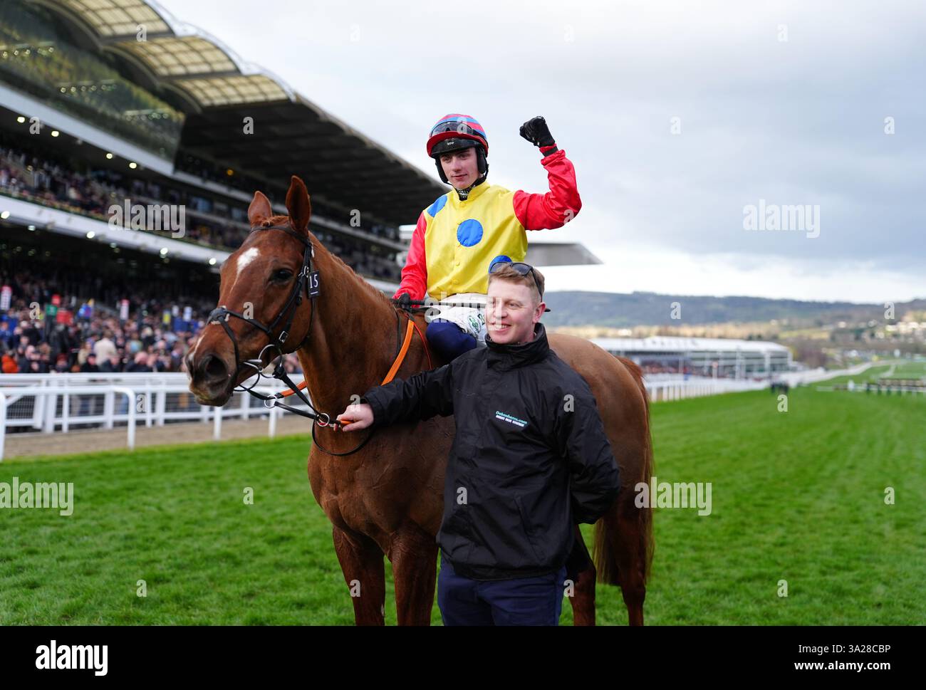 Danny Gilligan aboard Jazzy Matty after winning the Debenhams Johnny Henderson Grand Annual ...