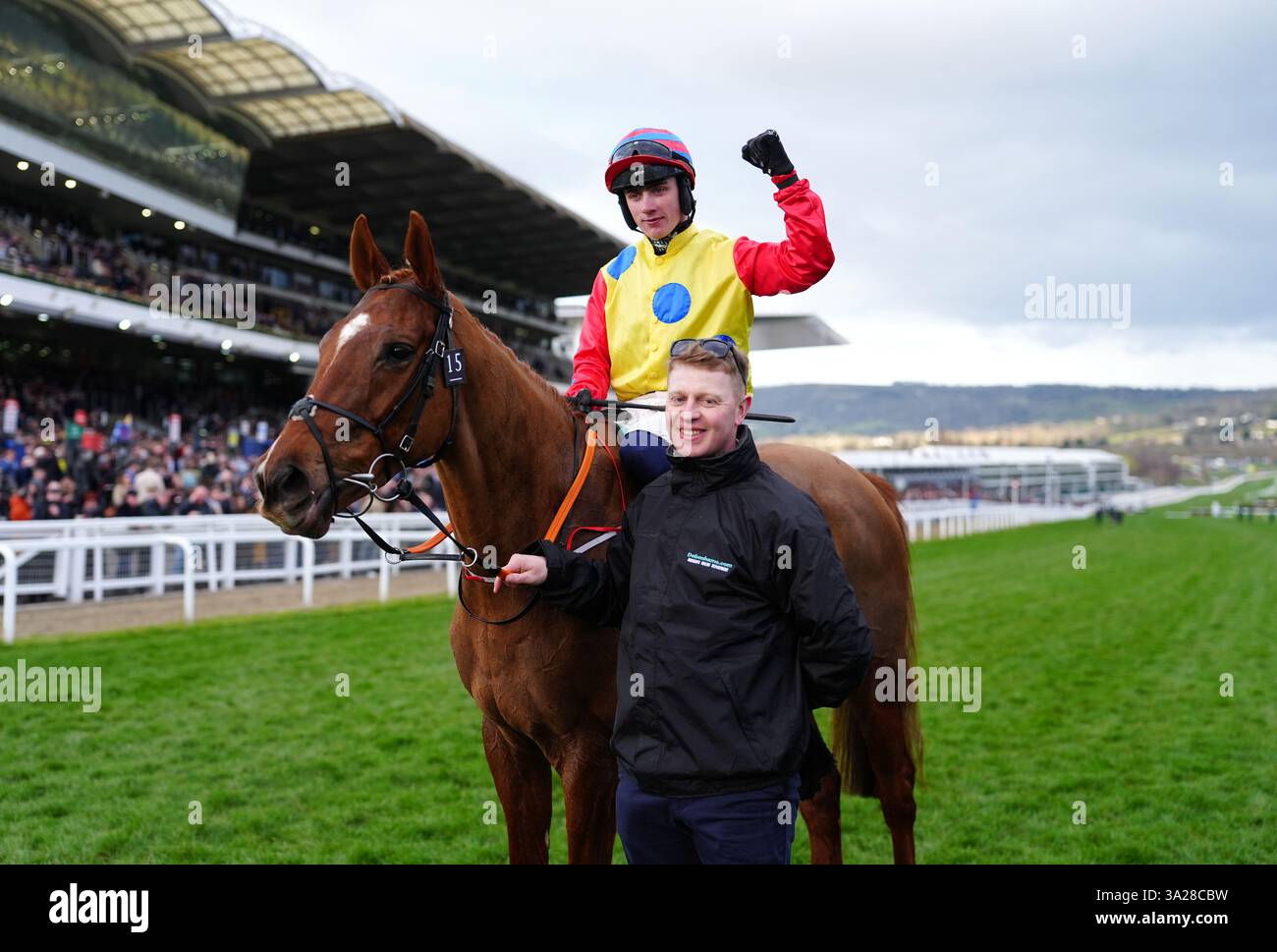 Danny Gilligan aboard Jazzy Matty after winning the Debenhams Johnny Henderson Grand Annual ...