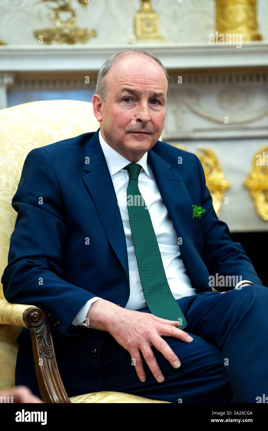 Irish Taoiseach Micheal Martin looks on during a meeting with President ...