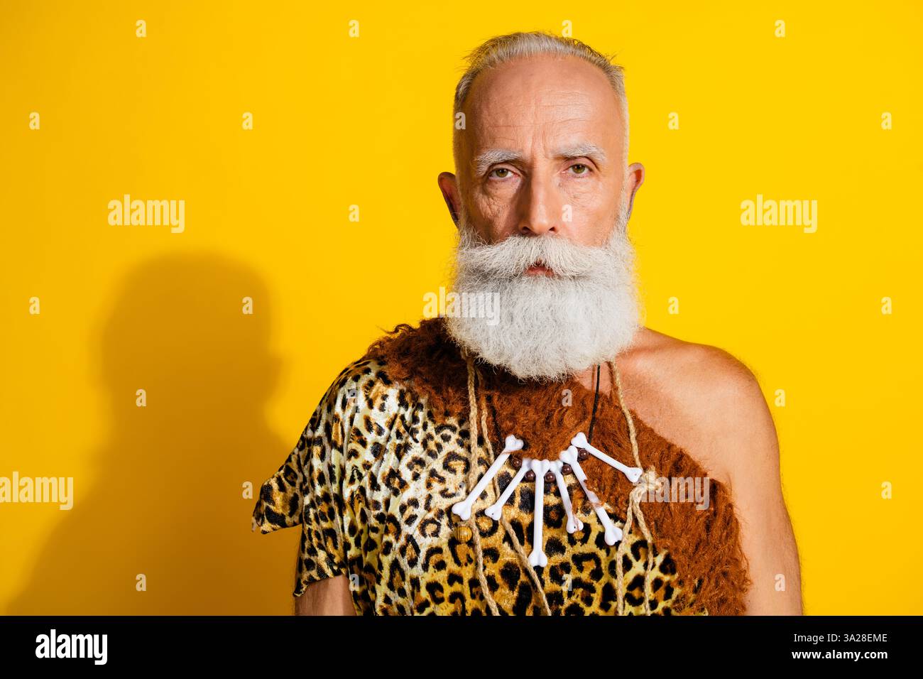 Photo of ancient aged caveman empty space wear leopard skin clothes ...