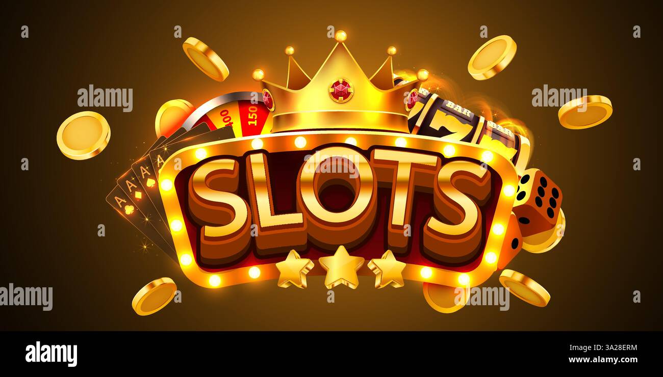 Slots golden banner. Sign with golden letters and crown. Vector ...
