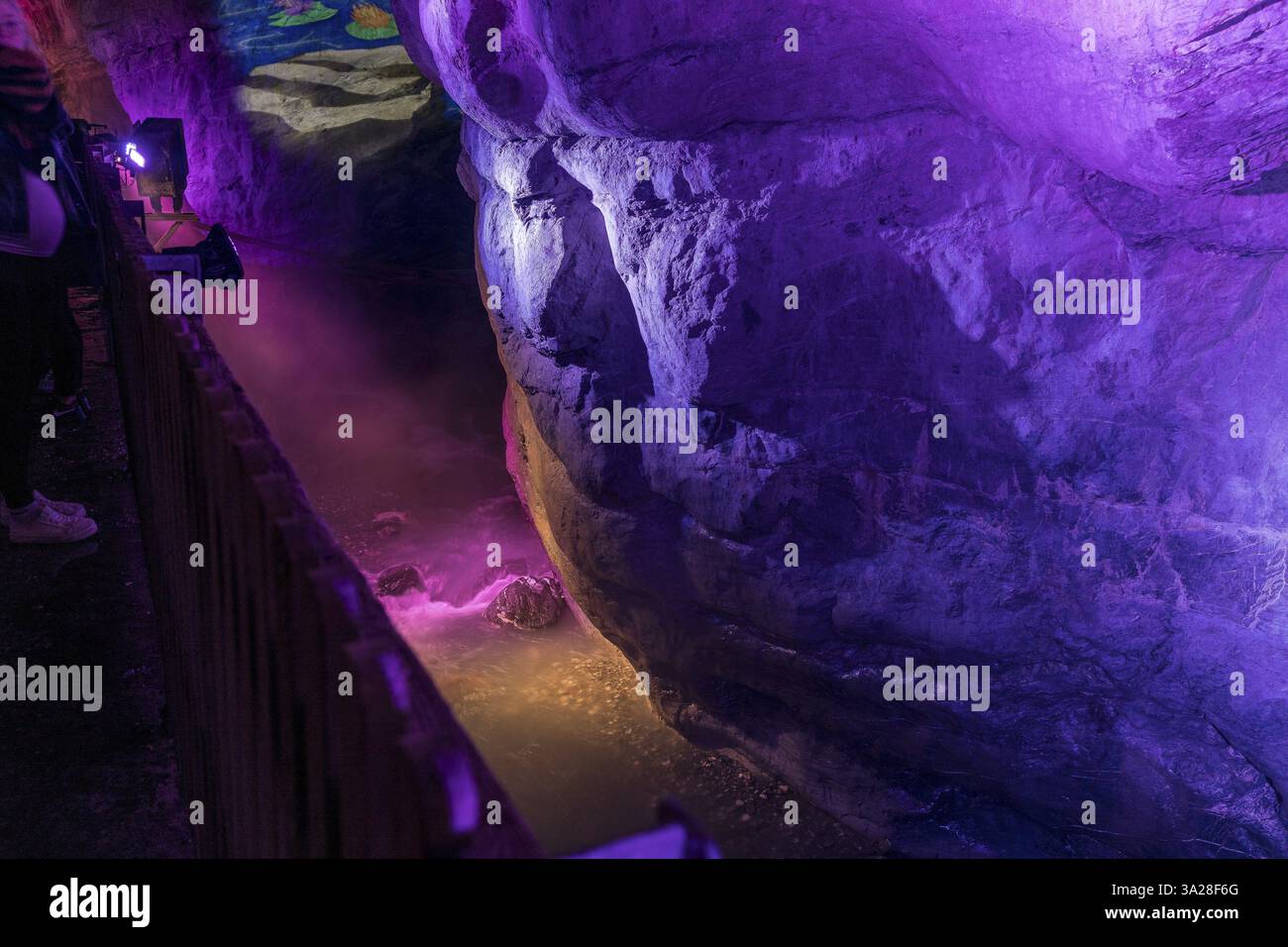 The Tamina Gorge and the Tamina River illuminated in colour at night ...