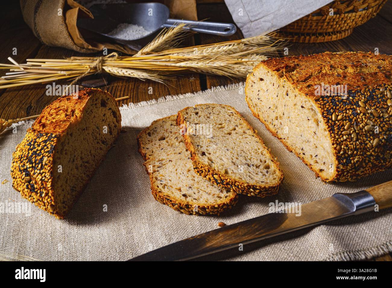 Linseed bread with a poppy seed and sesame mixture Stock Photo - Alamy