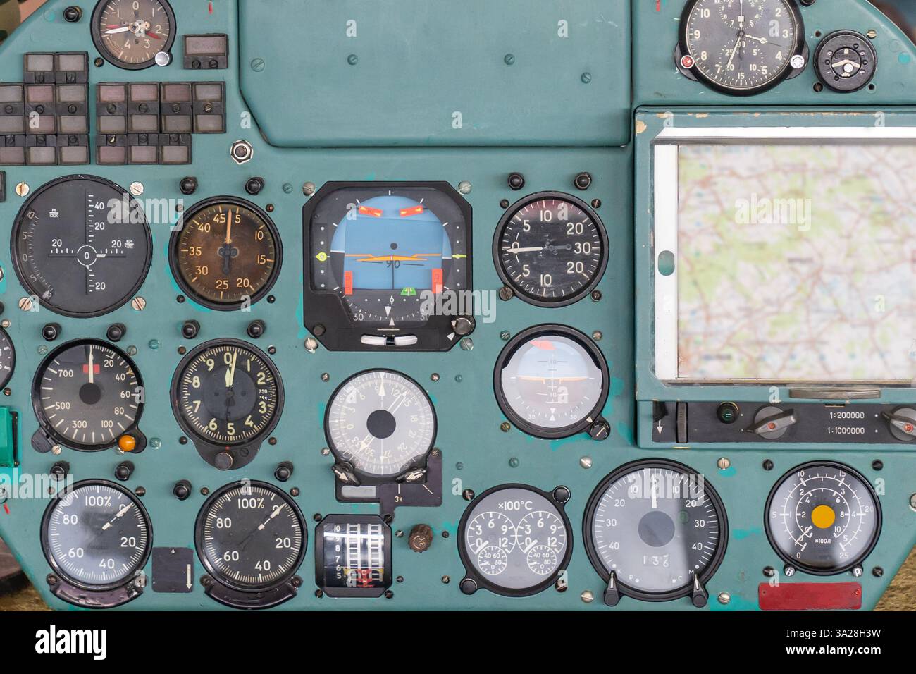 Old soviet military fighter jet green dashboard with old analog ...