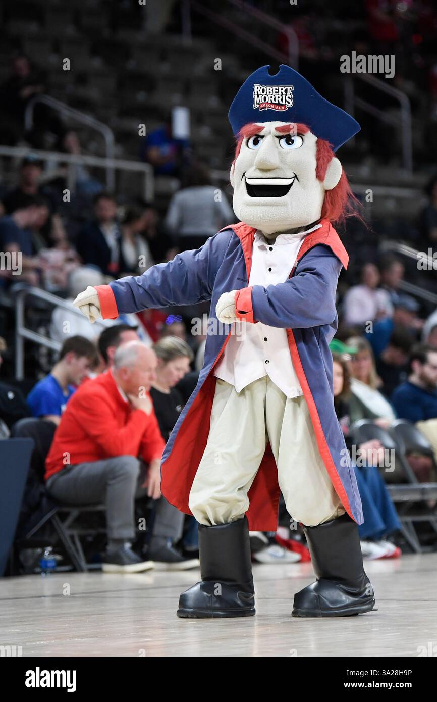 INDIANAPOLIS, IN - MARCH 11: Robert Morris Colonials mascot RoMo ...