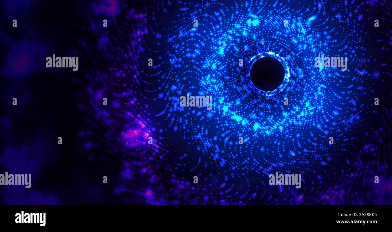 Neon particles tunnel. Big data. Magic purple abstract cosmic ...