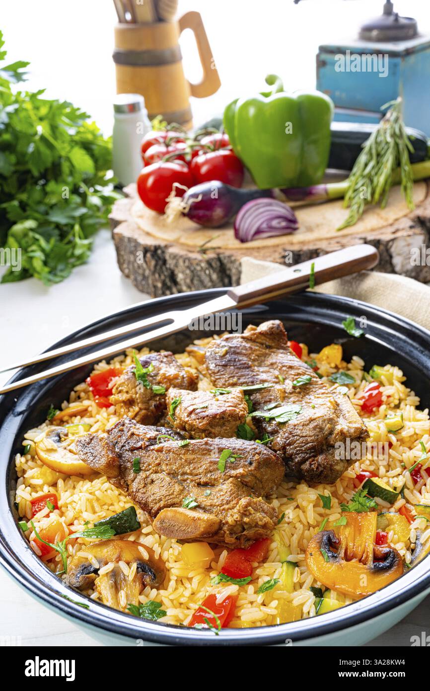 Meat rice vegetables hi-res stock photography and images - Alamy