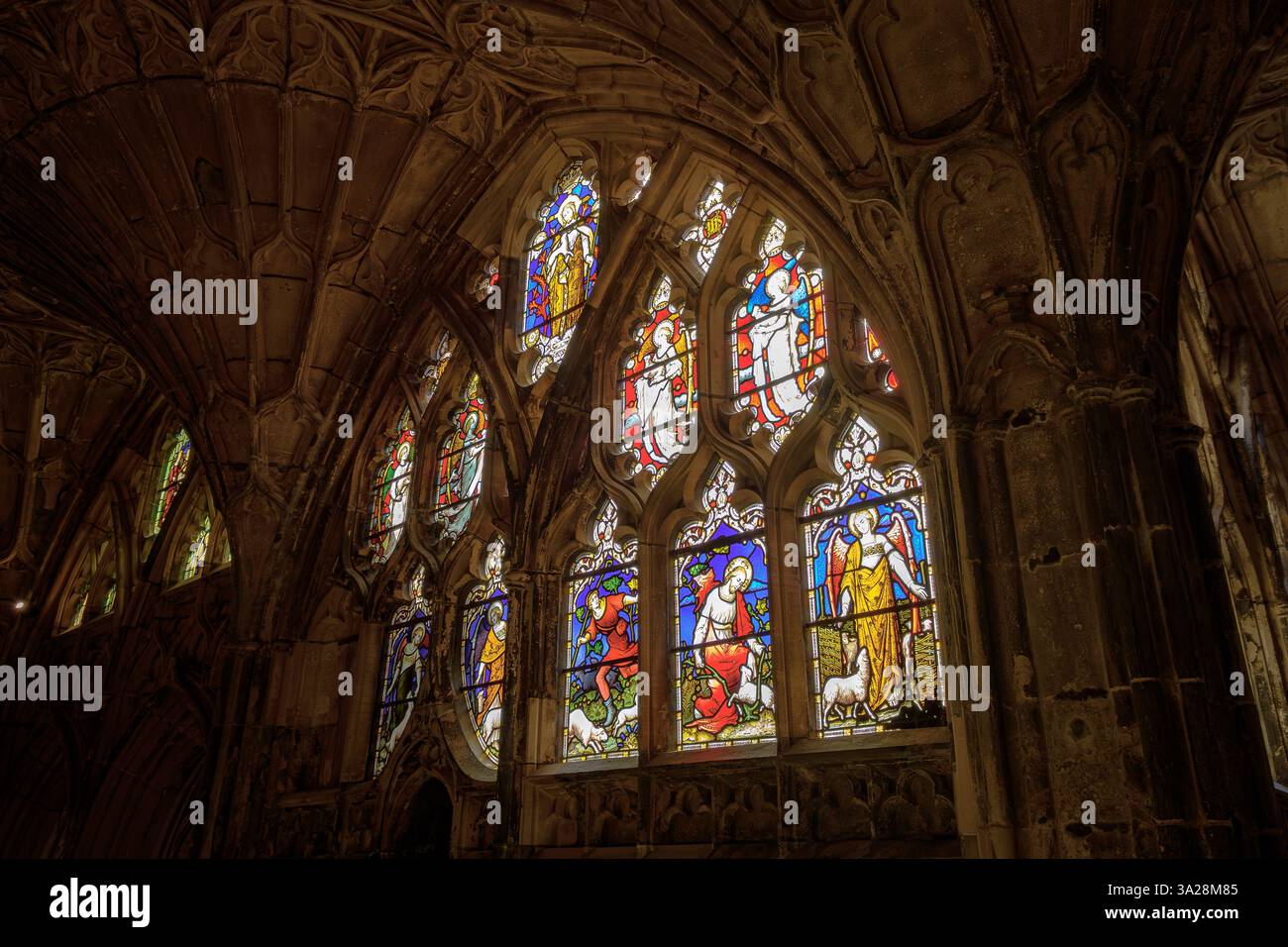 A stained glass window in the Cloisters at Gloucester Cathedral. This ...