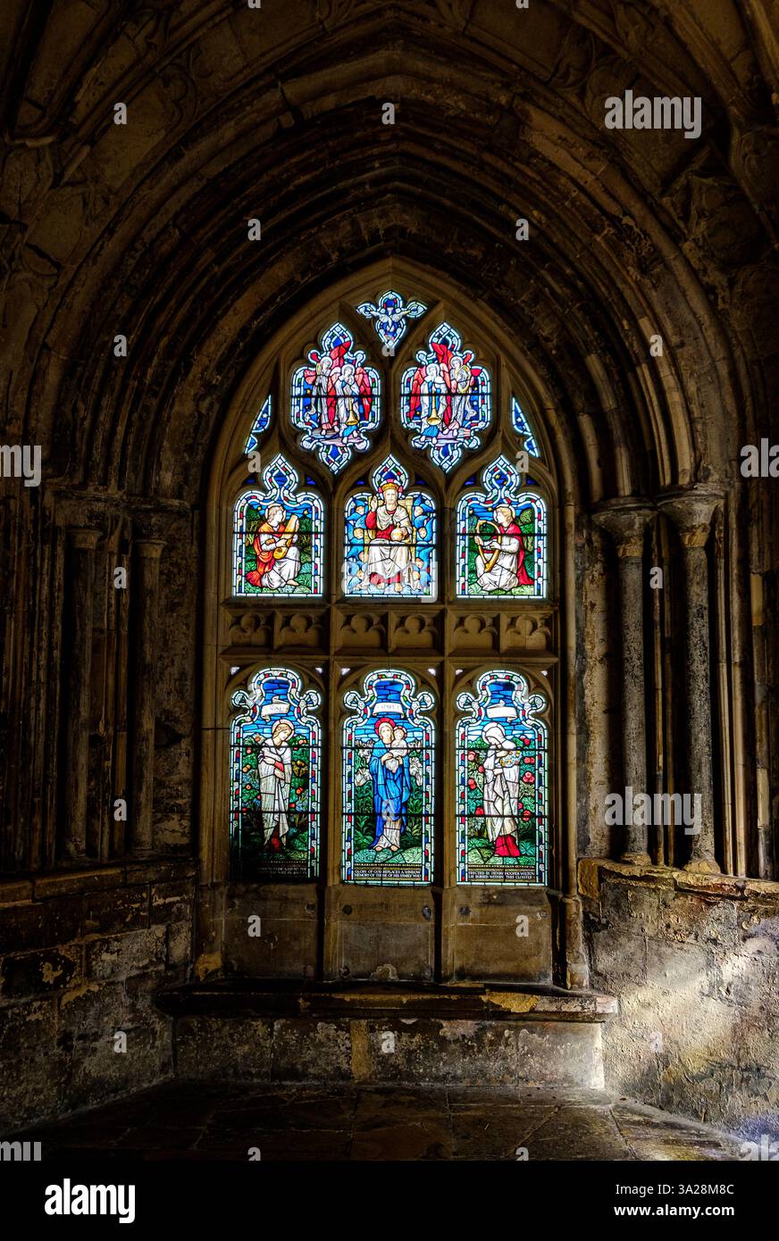 A stained glass window in the Cloisters at Gloucester Cathedral. This ...