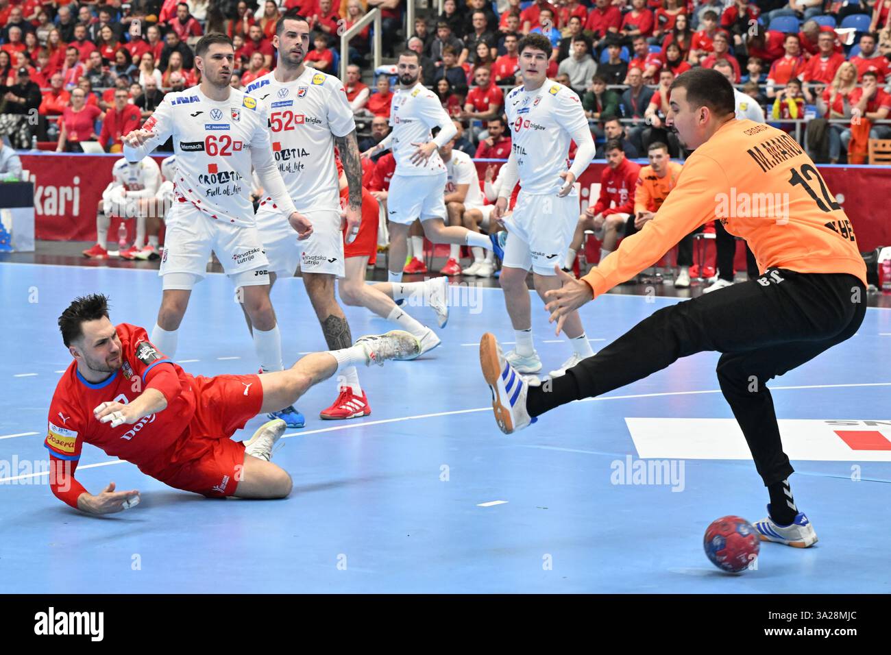 L-R Vit Reichl (CZE) and goalkeeper Matej Mandic (HR) in action during ...