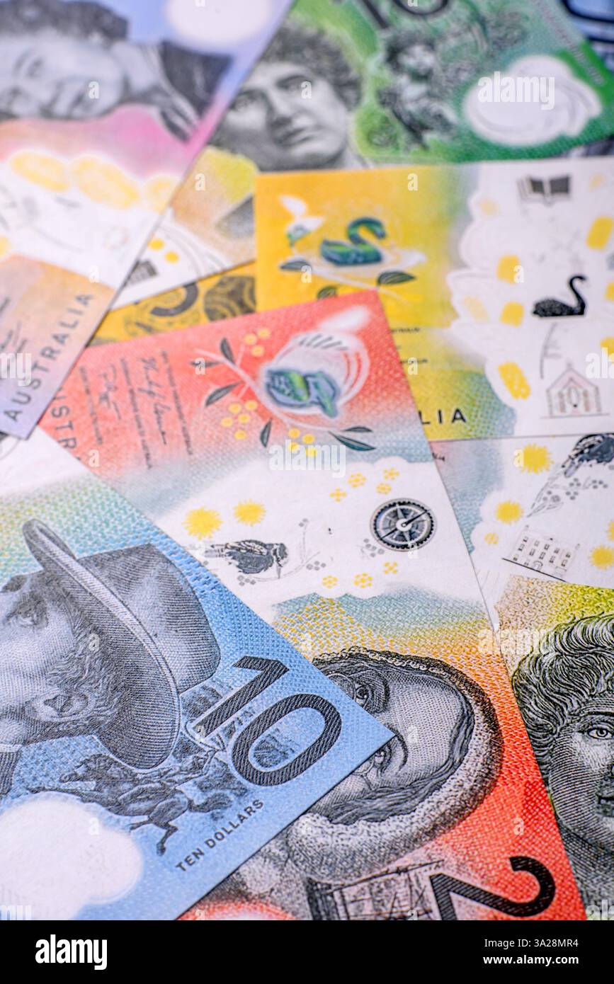 Paper money, banknotes of different denominations of Australia, dollars ...
