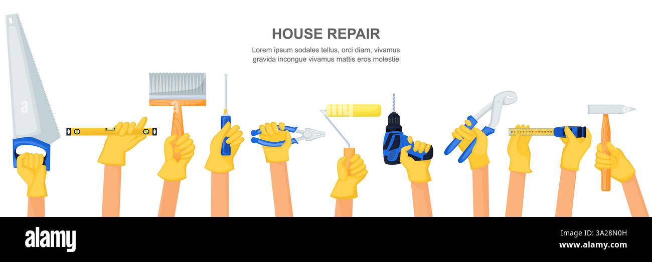 Human hands holding different house repair tools isolated on white ...