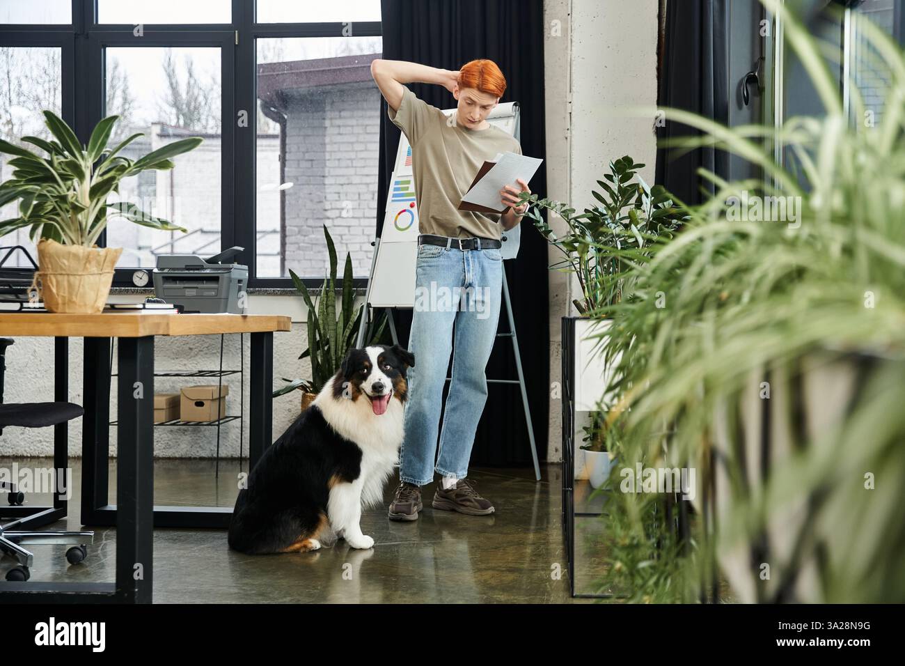 A young red haired man in a modern office reviews paperwork with his ...