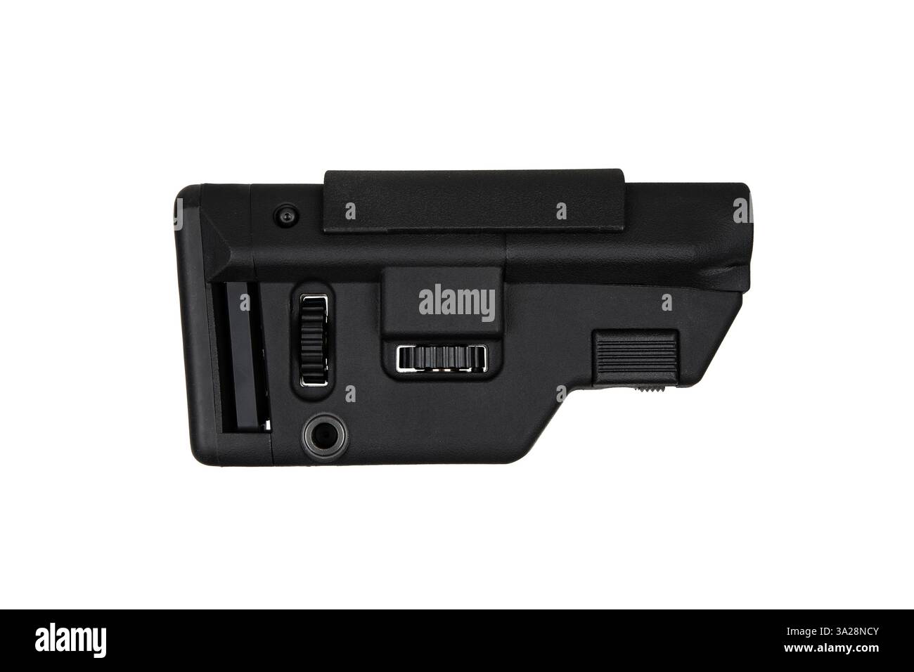 Black adjustable rifle stock with various adjustment mechanisms and ...