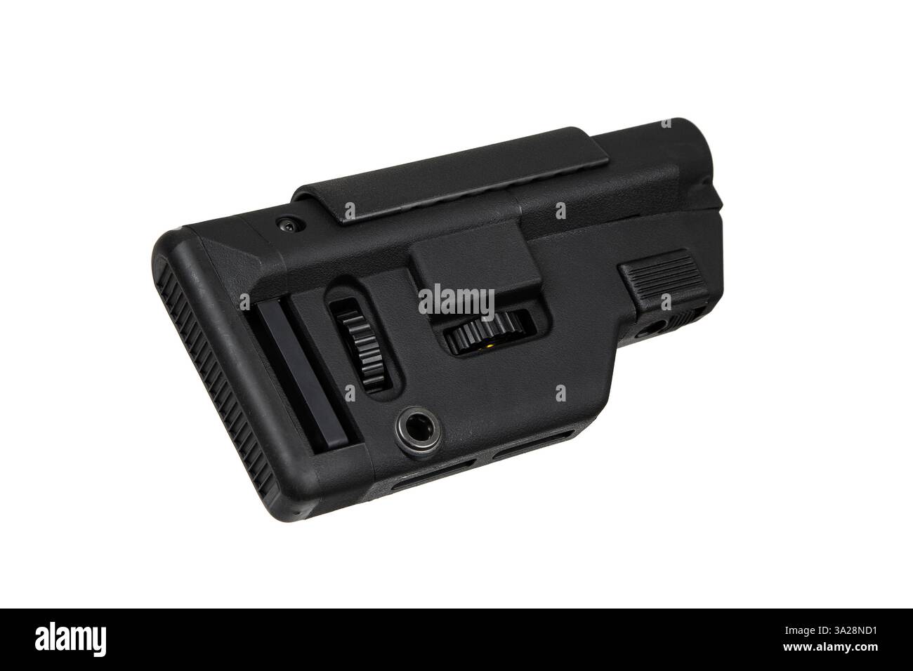 Black adjustable rifle stock with various adjustment mechanisms and ...