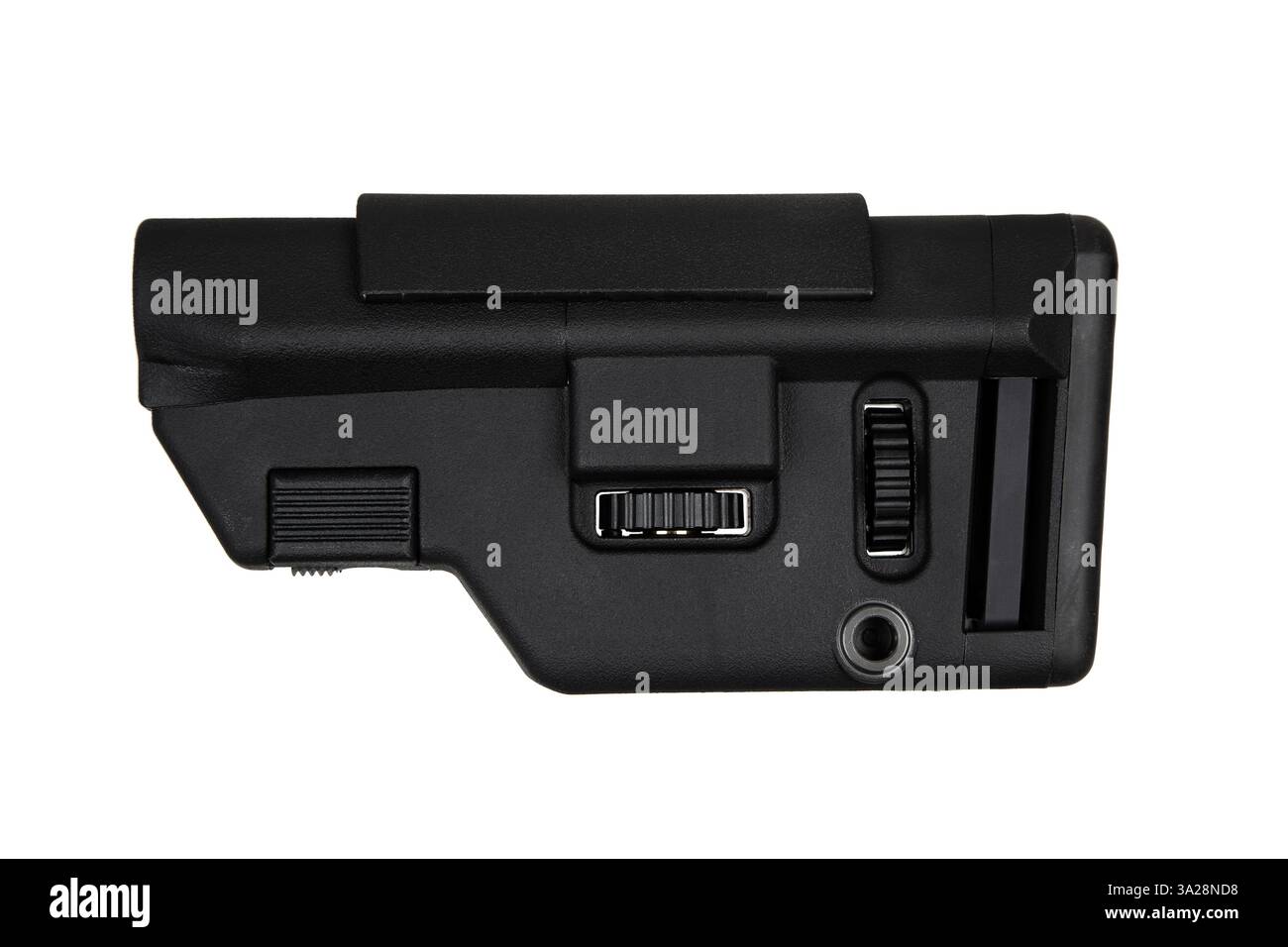 Black adjustable rifle stock with various adjustment mechanisms and ...