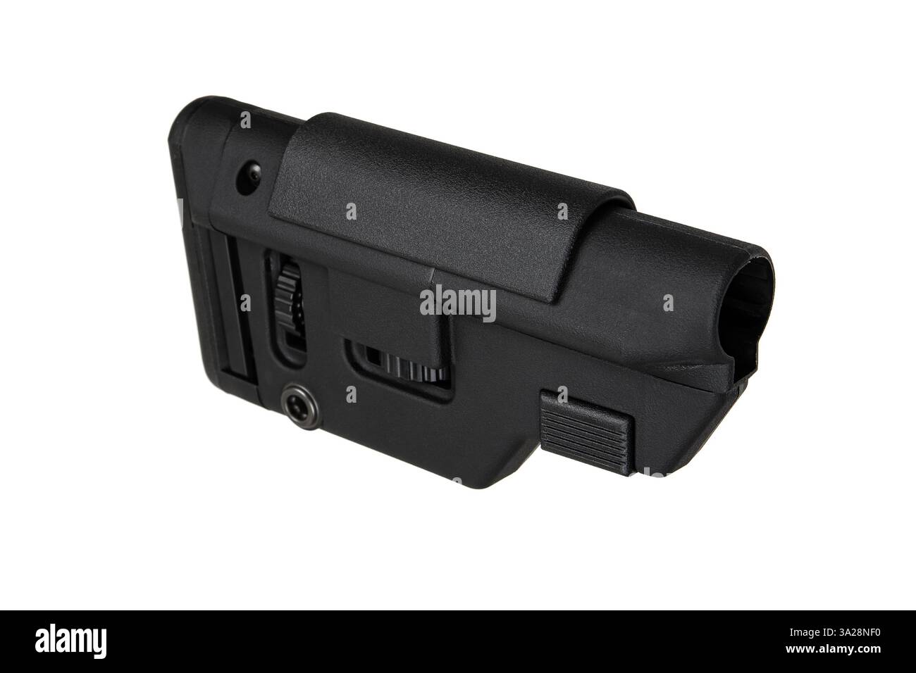 Black adjustable rifle stock with various adjustment mechanisms and ...