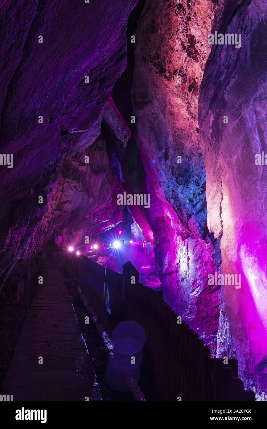 The Tamina Gorge and the Tamina River illuminated in colour at night ...