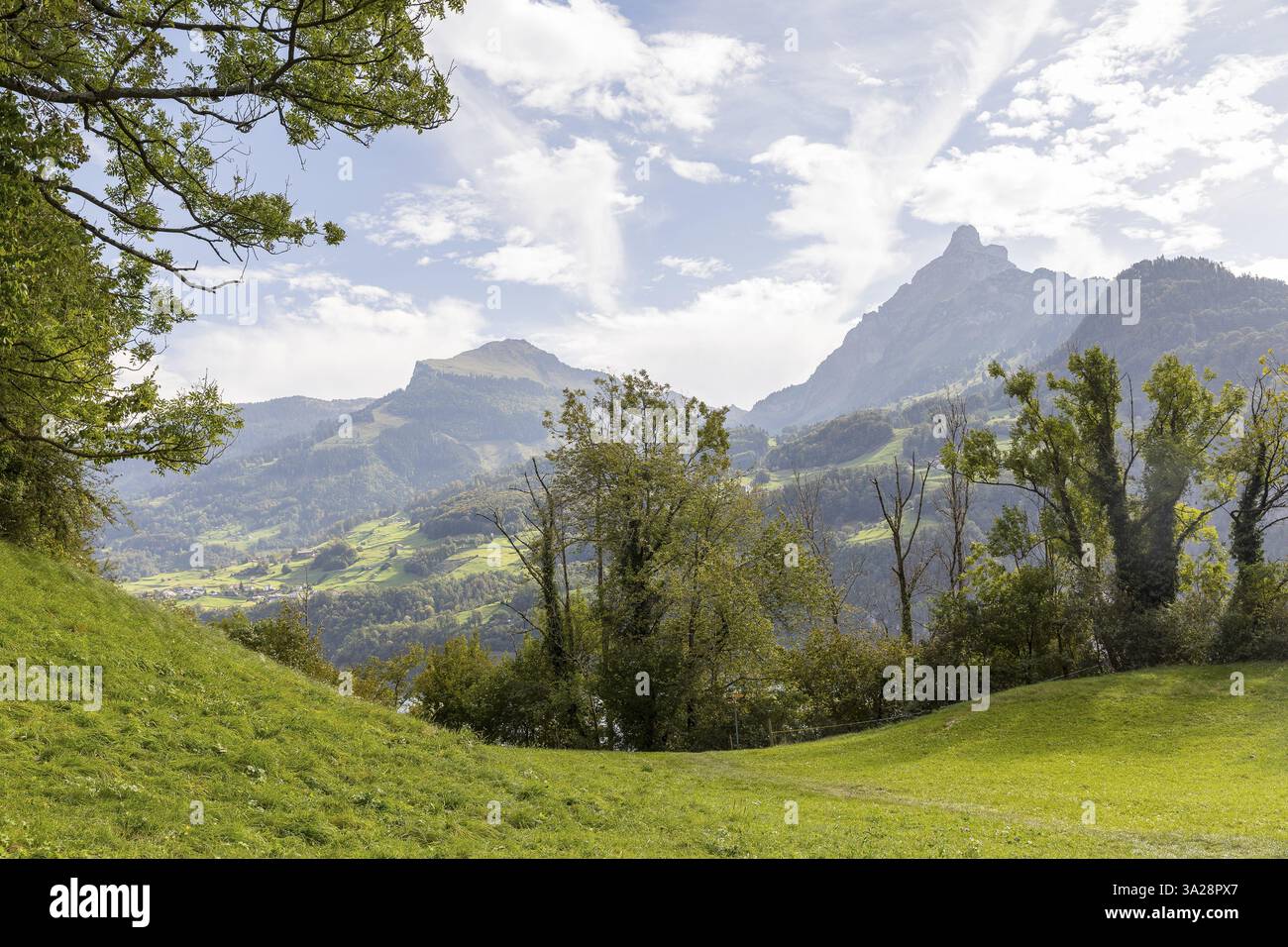 Small plateau at the Strahlegg castle ruins above Lake Walen, with the ...