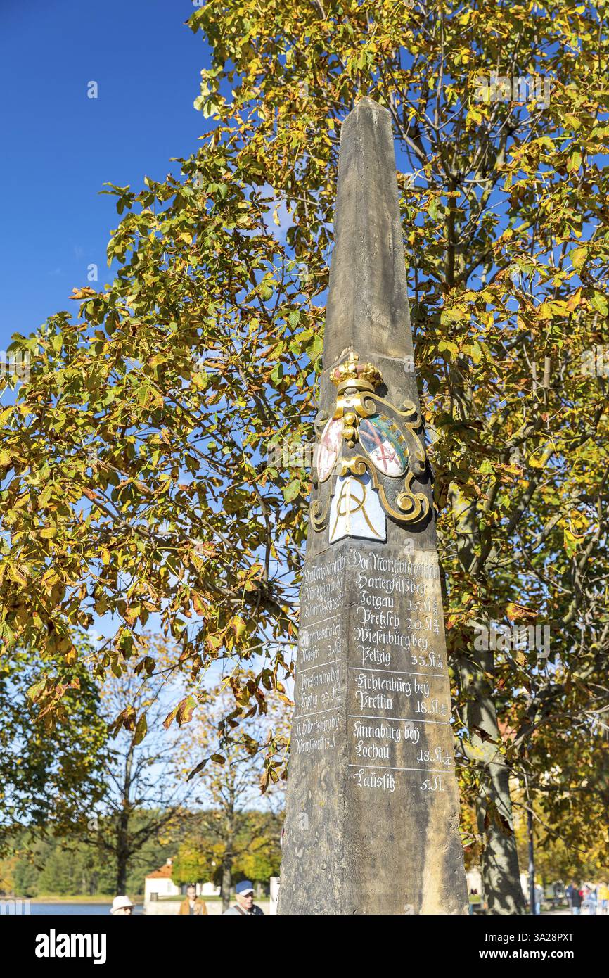 Historic postal pillar at the castle in Moritzburg, Saxony, Germany ...