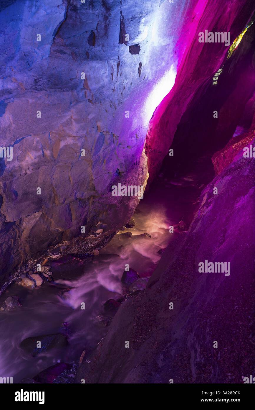 The Tamina Gorge and the Tamina River illuminated in colour at night ...