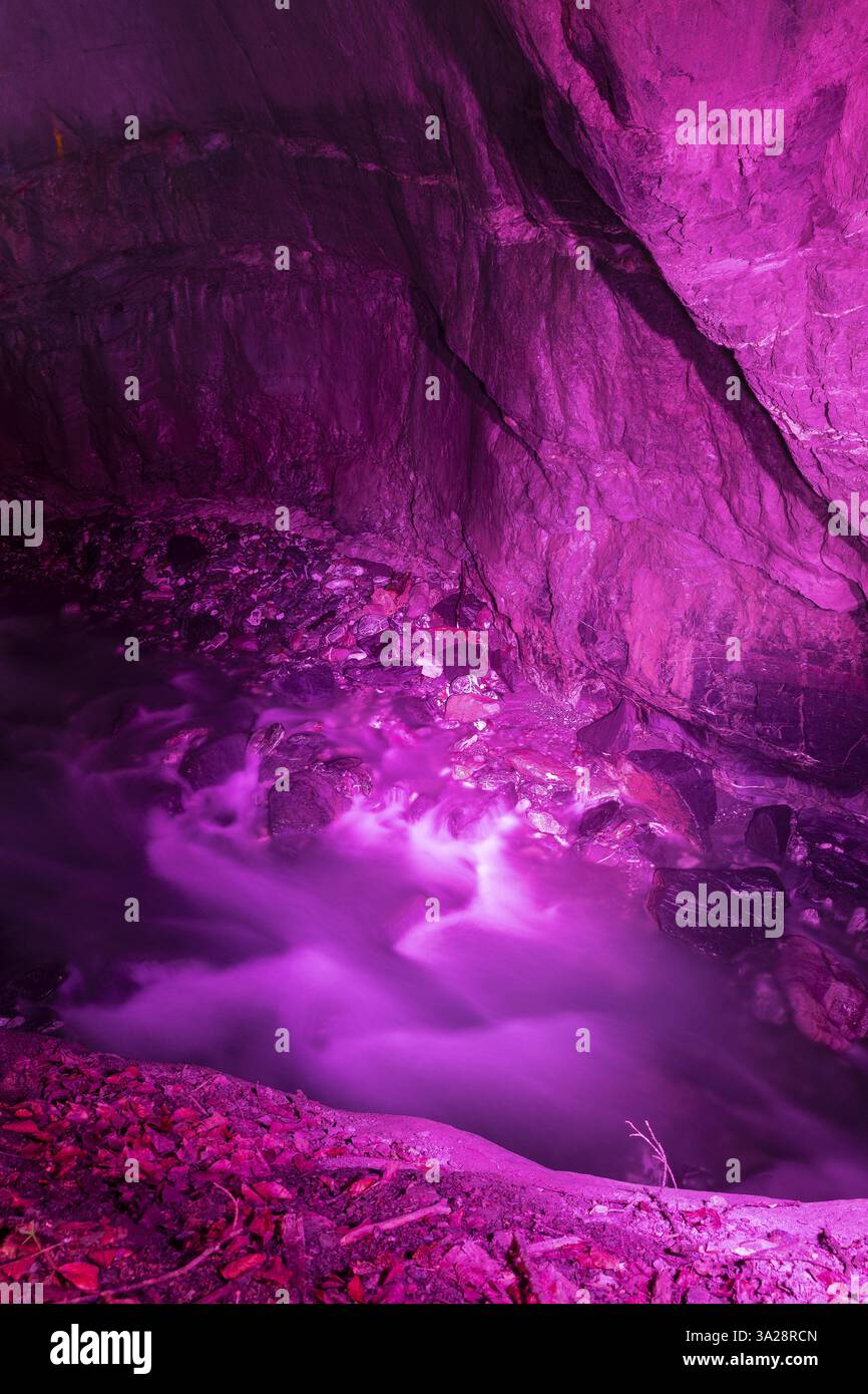 The Tamina Gorge and the Tamina River illuminated in colour at night ...