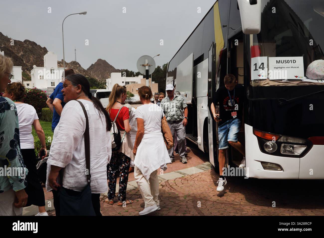 Tourists Disembarking Tour Bus by Al Alam Palace Old Muscat Oman Stock ...