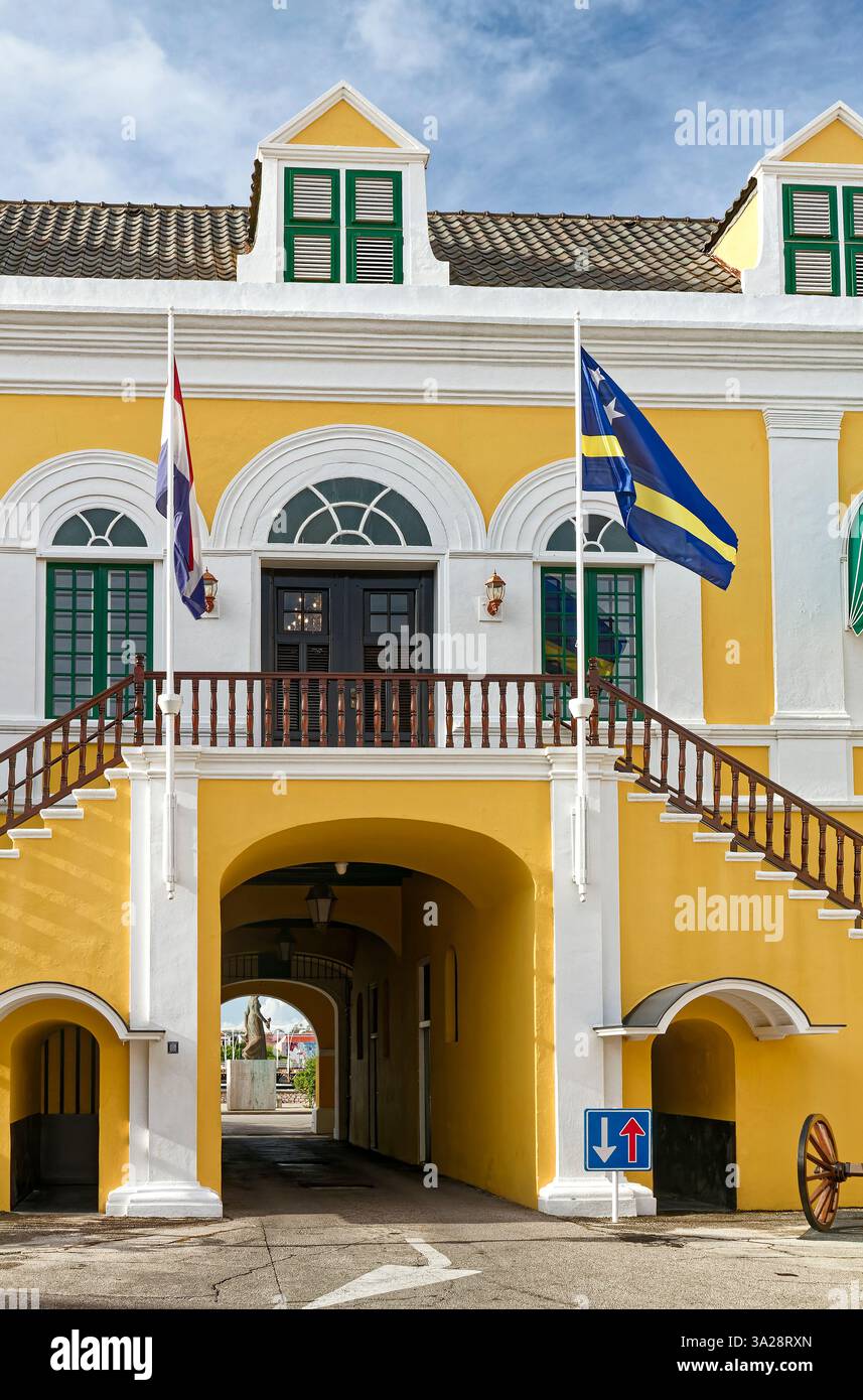 Fort Amsterdam, 1634, defense compound, gold color building, white trim ...