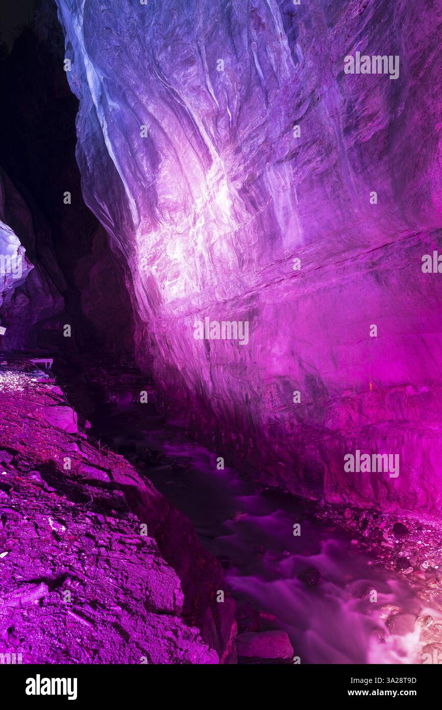 The Tamina Gorge and the Tamina River illuminated in colour at night ...