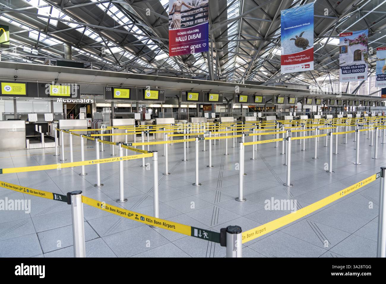 Cologne-Bonn Airport, Terminal 2, empty departure halls, check-in ...