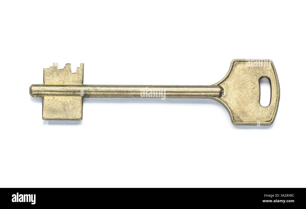 Single brass door key isolated on white Stock Photo - Alamy