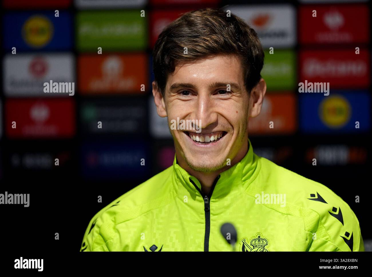 Real Sociedad's Aihen Munoz during a press conference at Old Trafford ...