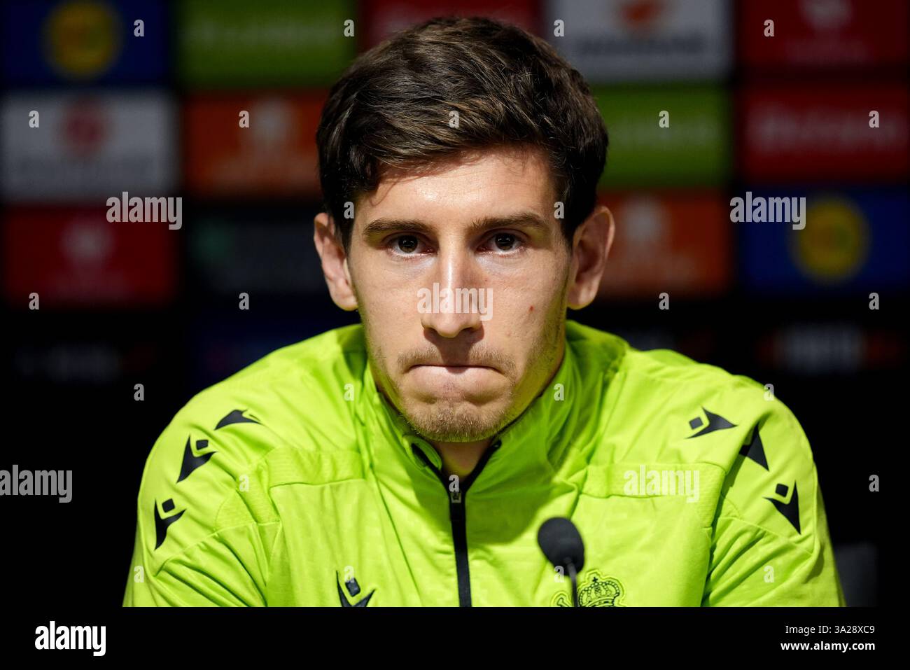 Real Sociedad's Aihen Munoz during a press conference at Old Trafford ...