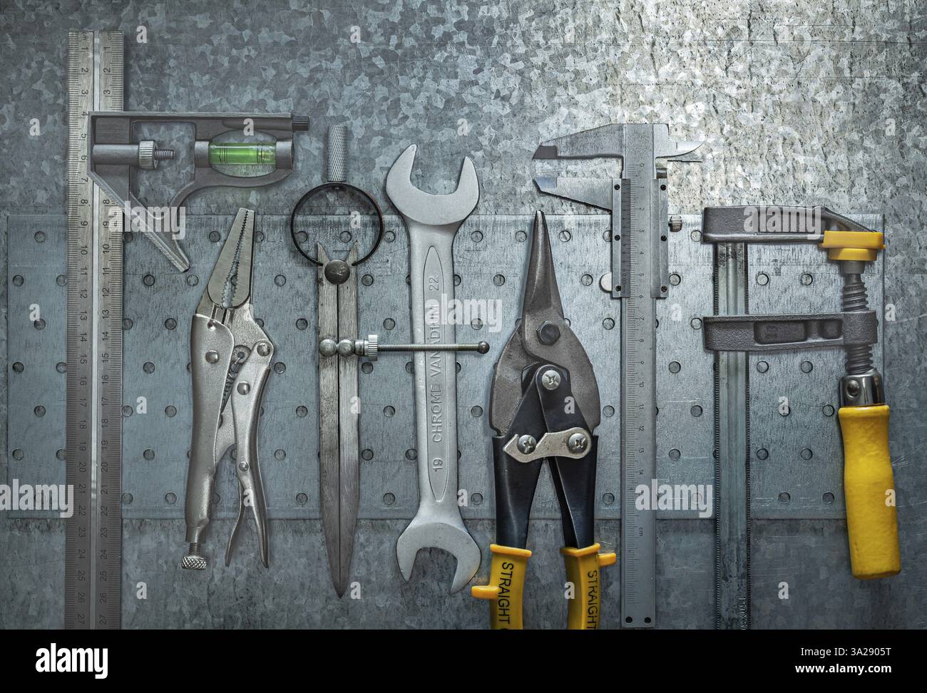 Set Of Construction Tools On Metalic Background Stock Photo - Alamy