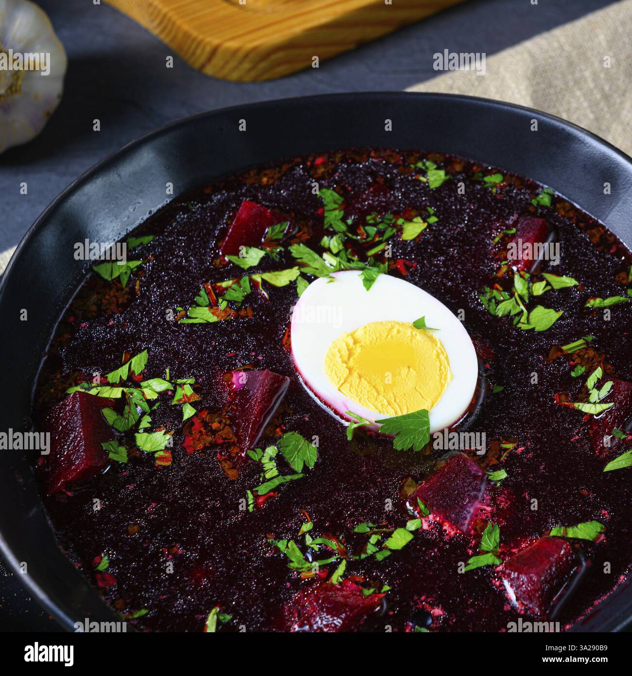 Delicious beetroot borscht with egg Stock Photo - Alamy