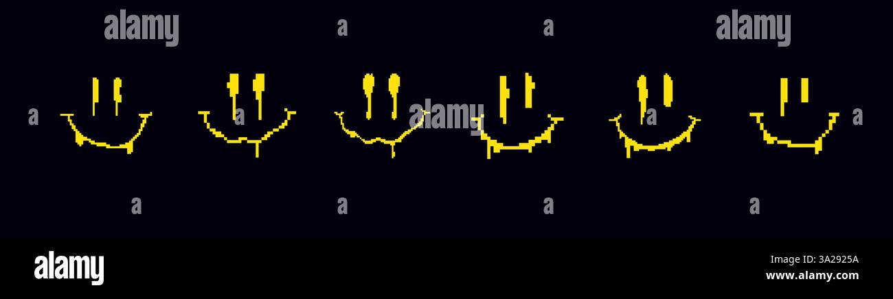 Five yellow smiley faces with pixel art style displaying various ...