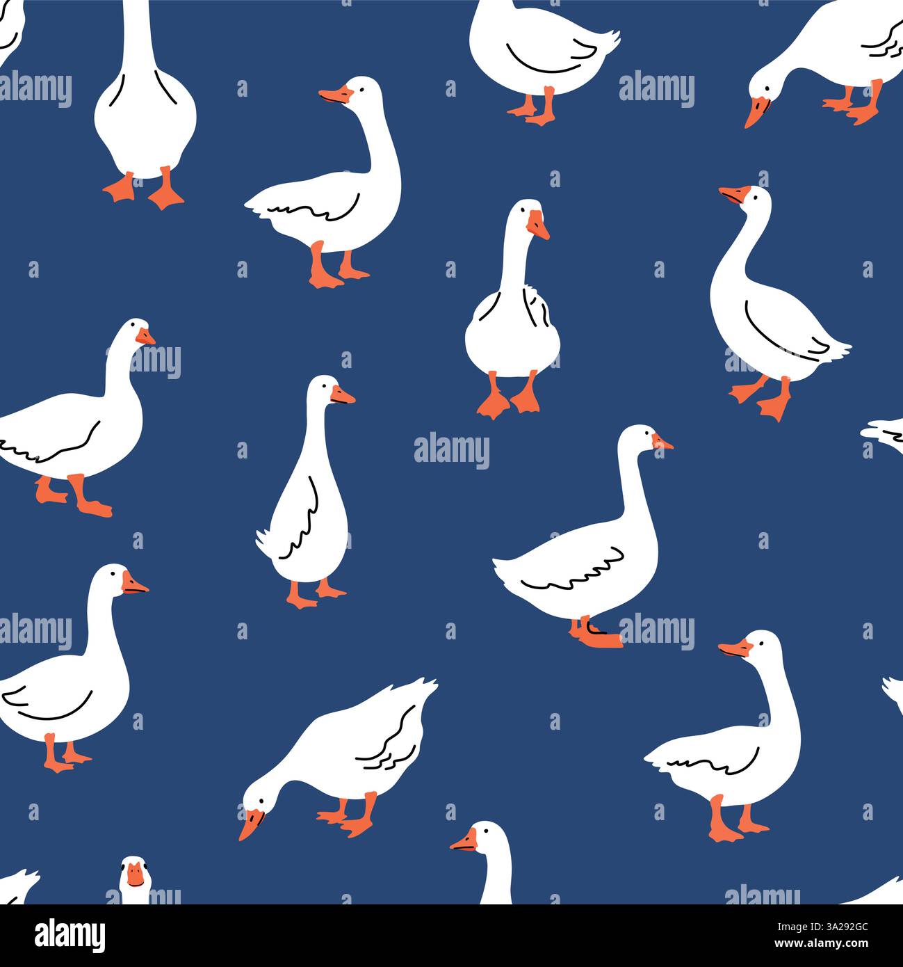 Seamless pattern of cute white cartoon style geese. Vector goose ...