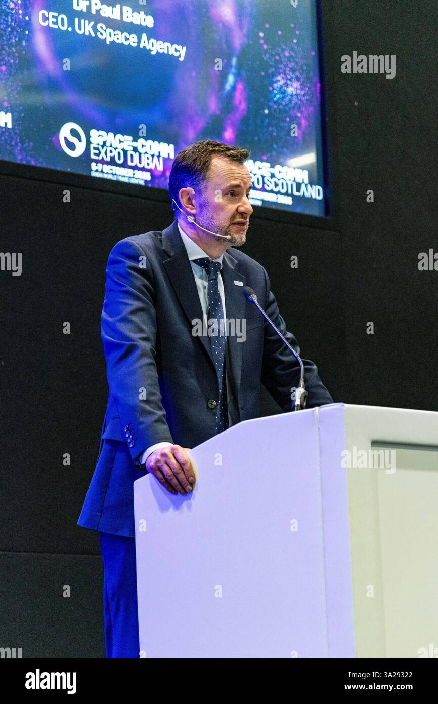 Dr Paul Bate, CEO of UK Space Agency, giving a talk and presentation at ...