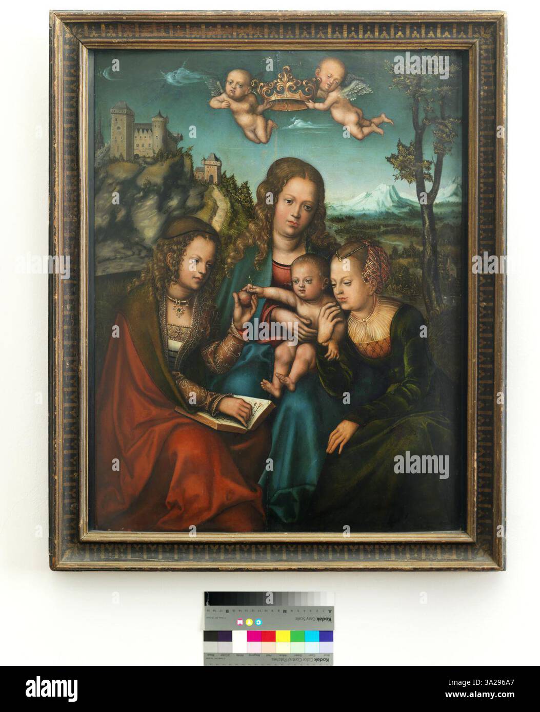 This painting depicts the Madonna flanked by two female saints. The work emphasizes the Virgin ...