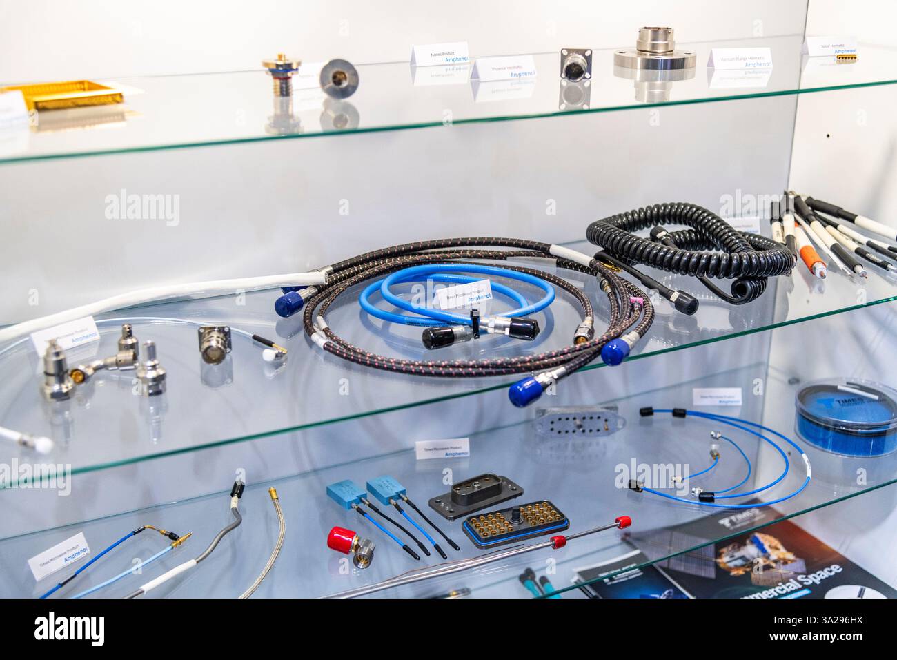 A display of space technology components at the Space Comm Expo 2025 at ...