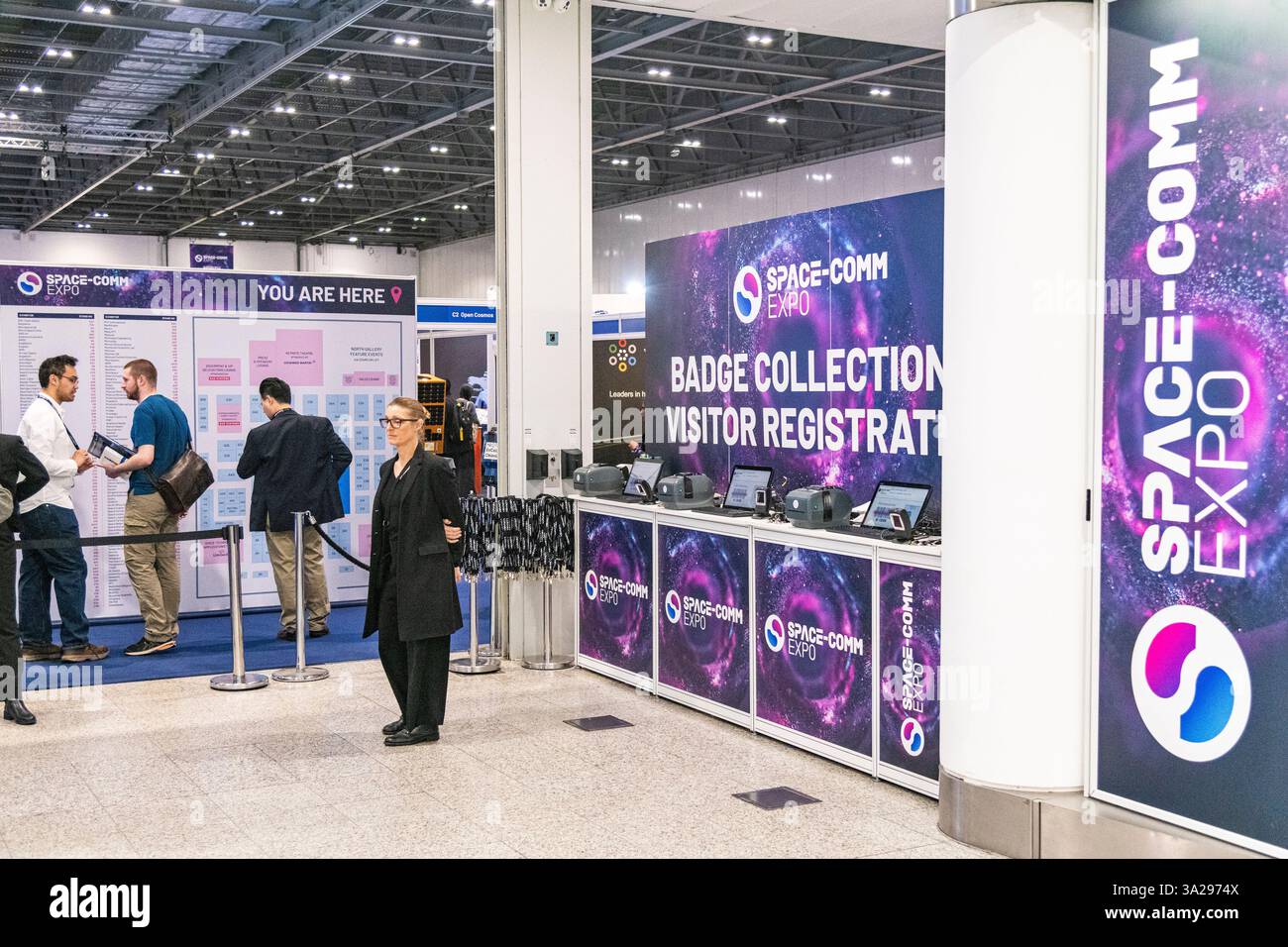 The entrance to the Space Comm Expo exhibition 2025 event at the ExCel ...